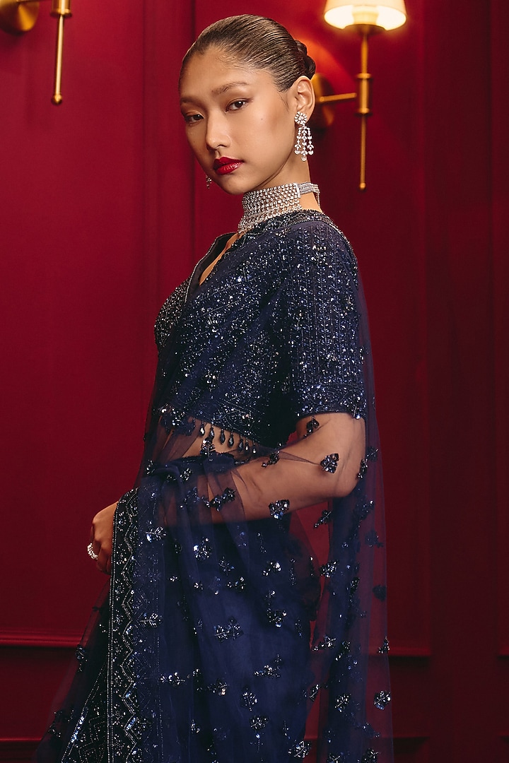 Midnight Blue Net Embroidered Reception Saree Set by Angad Singh at ...