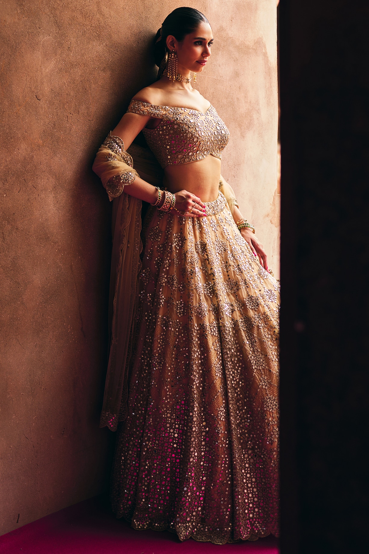 Champagne Gold Organza Mirror Embroidered Bridal Lehenga Set by Angad ...