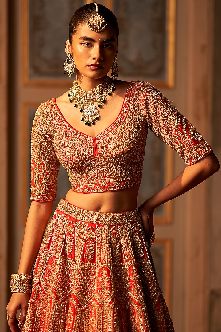 Red Raw Silk Embroidered Bridal Lehenga Set by Angad Singh at Pernia's ...