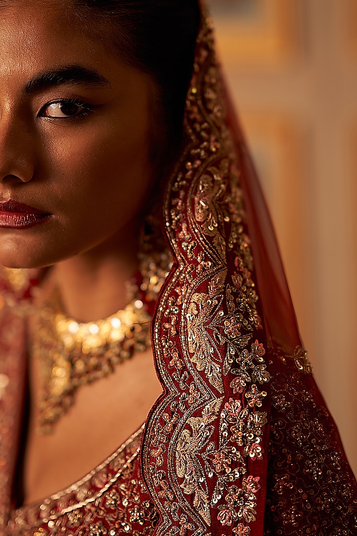 Maroon Raw Silk Embroidered Bridal Lehenga Set by Angad Singh at Pernia ...