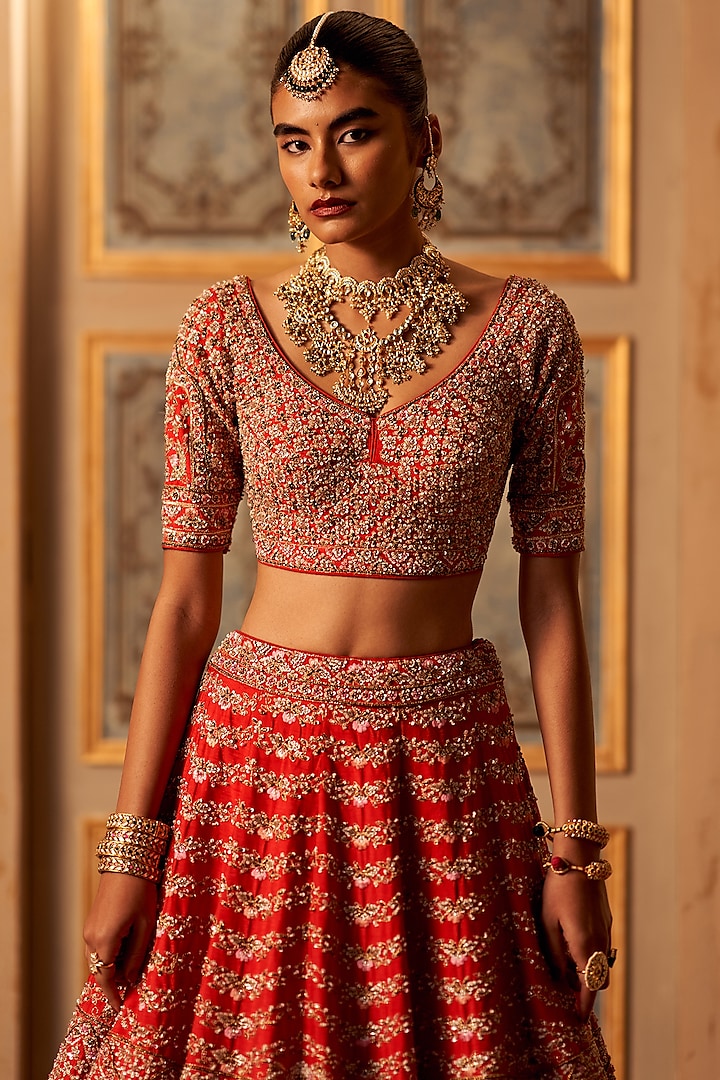 Red Raw Silk Embroidered Bridal Lehenga Set by Angad Singh at Pernia's ...