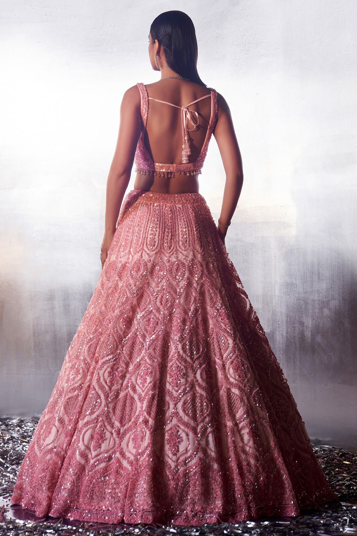 Blush Pink Net Sequins & Crystal Embroidered Bridal Lehenga Set by ...