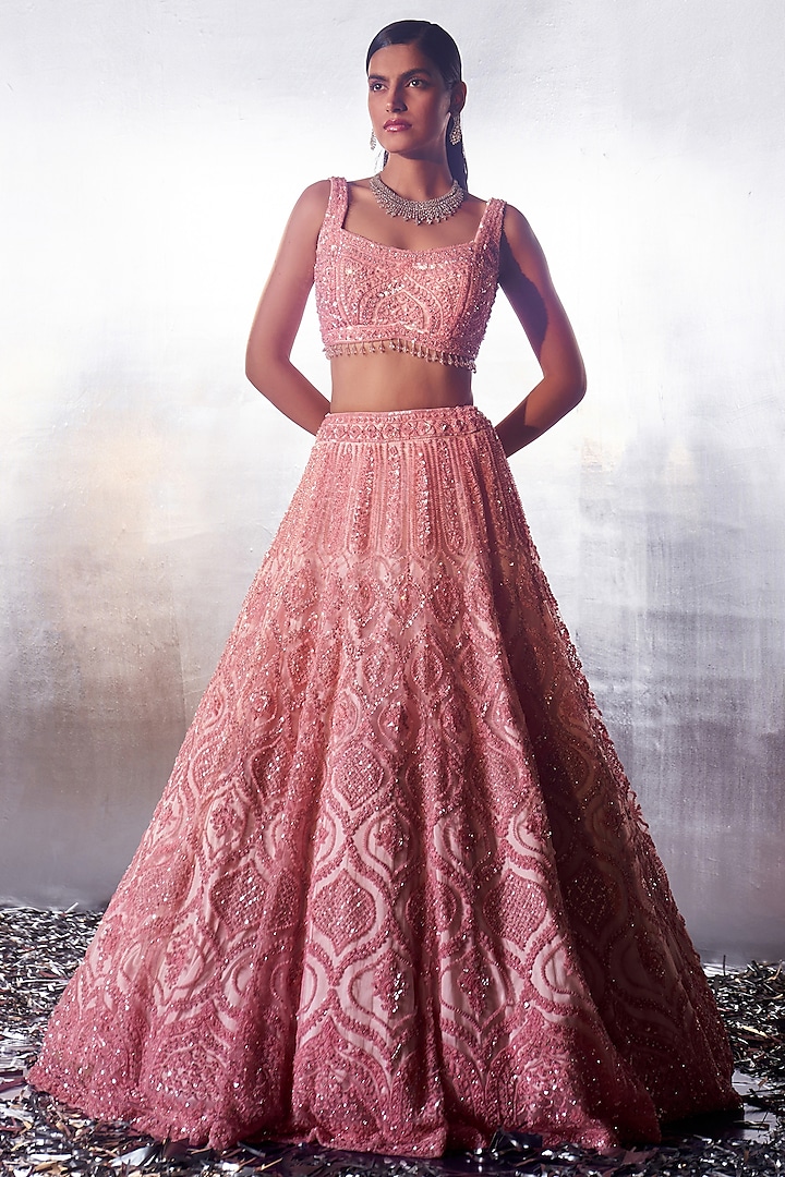 Blush Pink Net Sequins & Crystal Embroidered Bridal Lehenga Set by ...