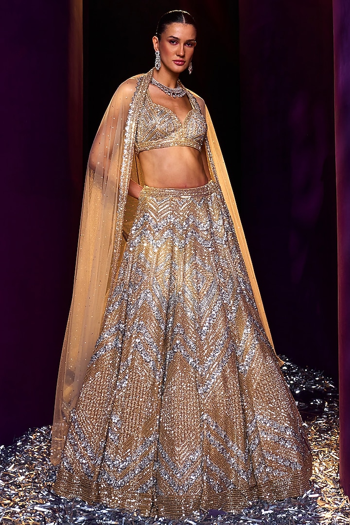 Gold Net Sequins And Crystal Embroidered Bridal Lehenga Set By Angad