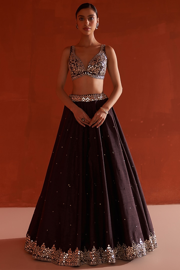 Coffee Brown Raw Silk Embroidered Wedding Lehenga Set by Angad Singh at ...