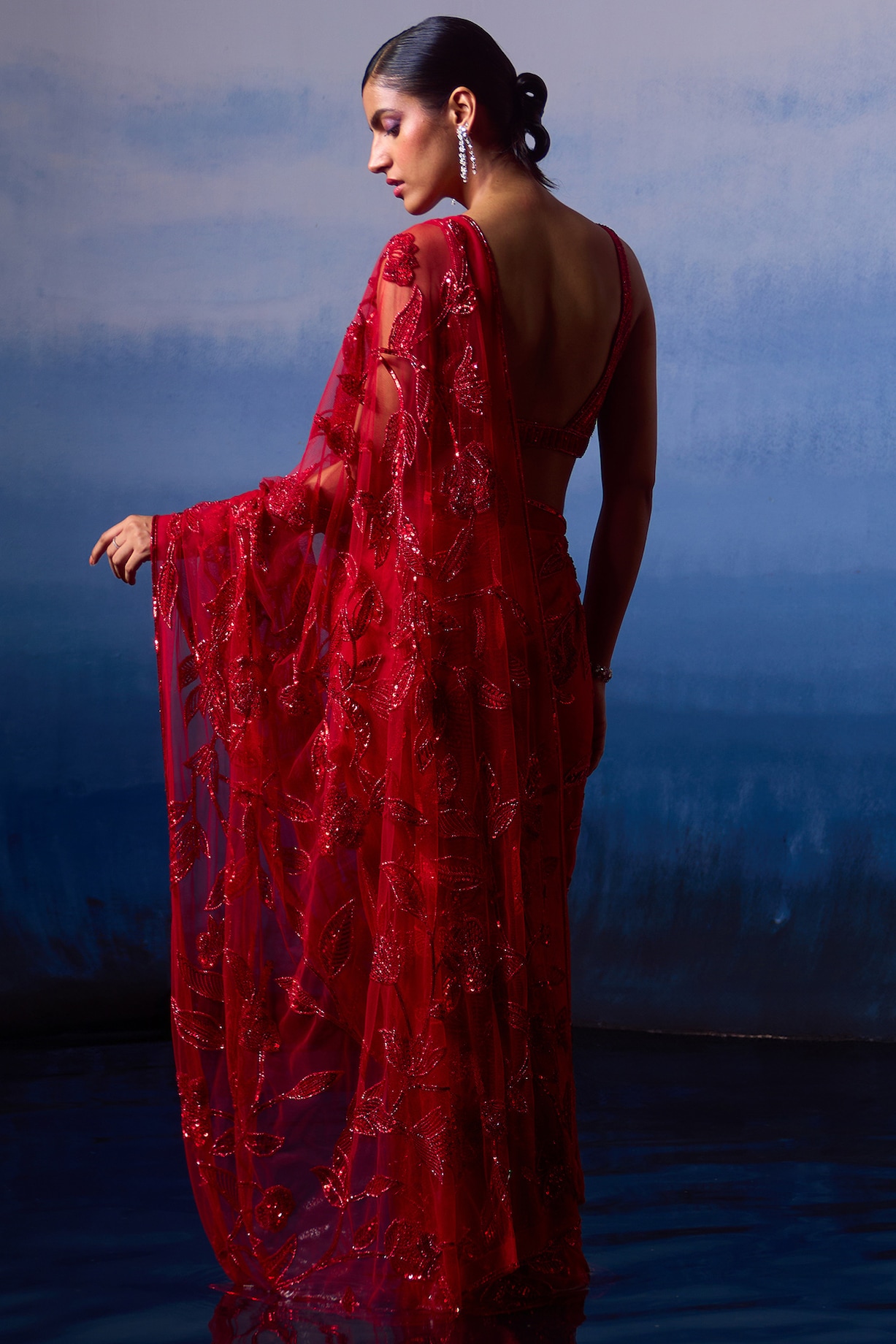 Ruby Red Net Sequins & Crystal Embroidered Saree Set by Angad Singh at Pernia's Pop Up Shop 2025