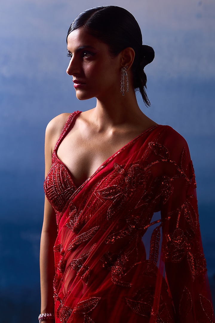 Ruby Red Net Sequins & Crystal Embroidered Saree Set by Angad Singh at Pernia's Pop Up Shop 2025