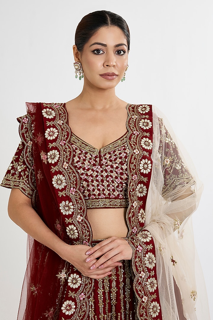 Maroon Raw Silk Embroidered Bridal Lehenga Set by Angad Singh at Pernia ...