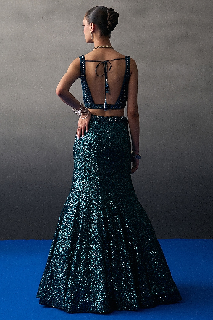 Peacock Blue Sequins Mermaid Wedding Lehenga Set by Angad Singh at ...
