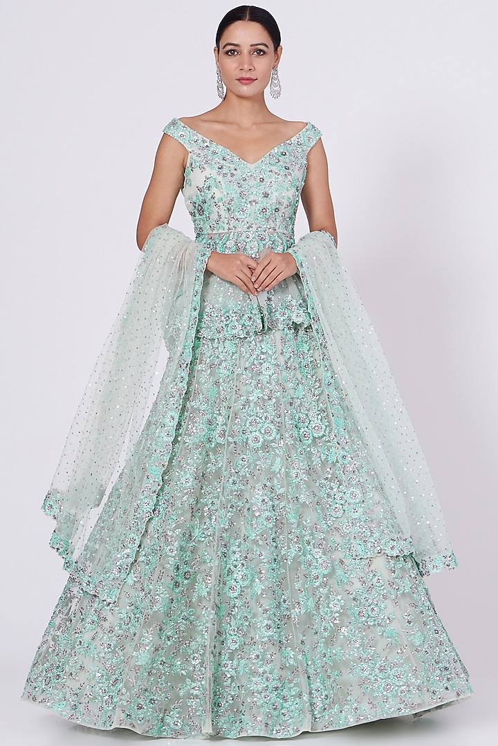 Sea Green Net Embroidered Wedding Lehenga Set by Angad Singh at Pernia ...