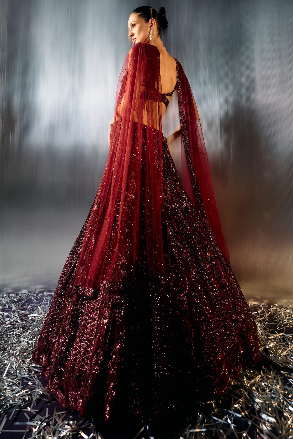 Deep Wine Net Sequins & Crystal Embroidered Bridal Lehenga Set by Angad ...