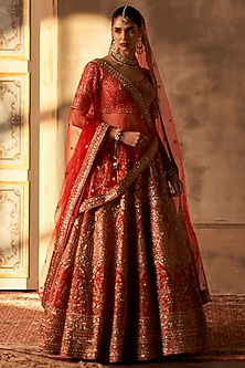Red Raw Silk Embroidered Bridal Lehenga Set by Angad Singh at Pernia's ...