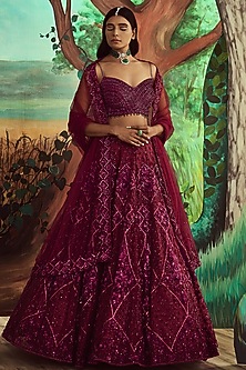 Wine Net Hand Embroidered Lehenga Set Design by Angad Singh at Pernia's ...