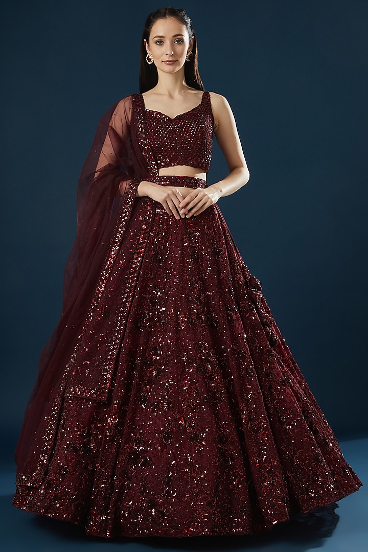 Burgundy Organza Embroidered Wedding Lehenga Set by Angad Singh at ...