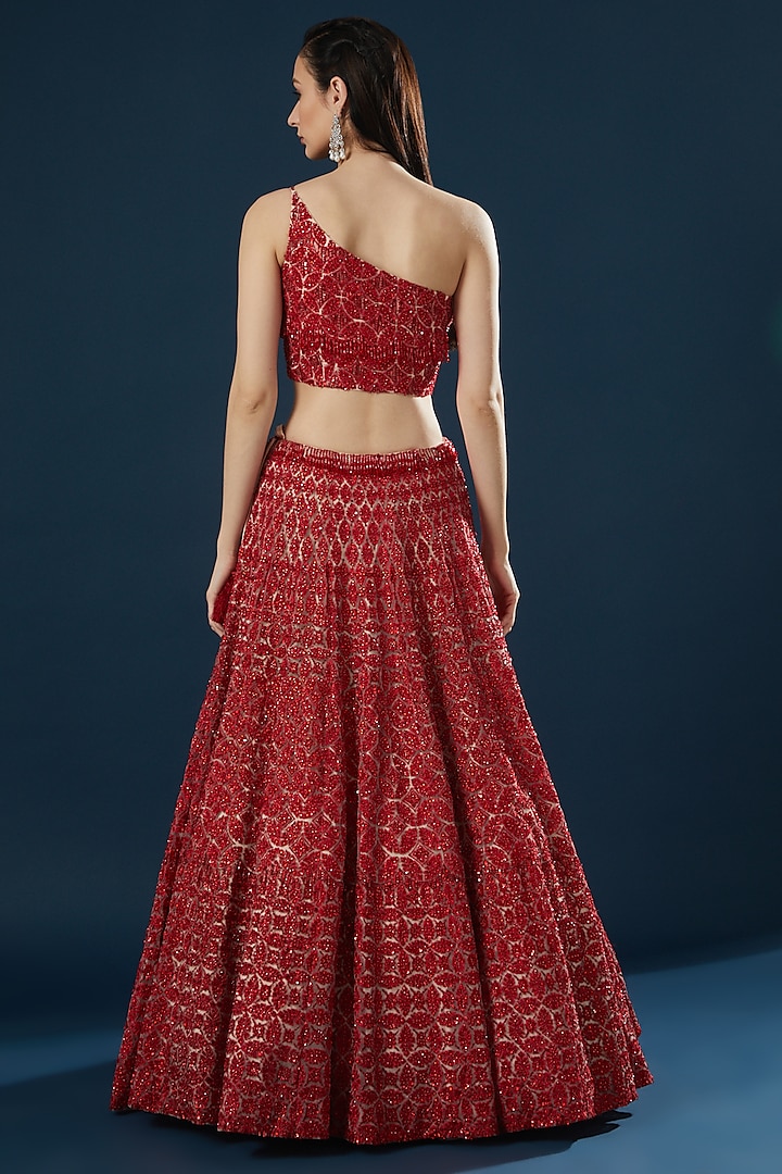 Red Net Embroidered Wedding Lehenga Set By Angad Singh At Pernias Pop