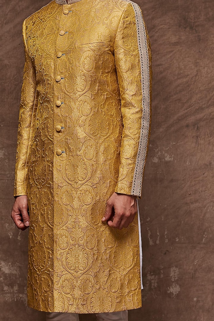 Mustard Embroidered Brocade Wedding Sherwani Set by TISASTUDIO at ...