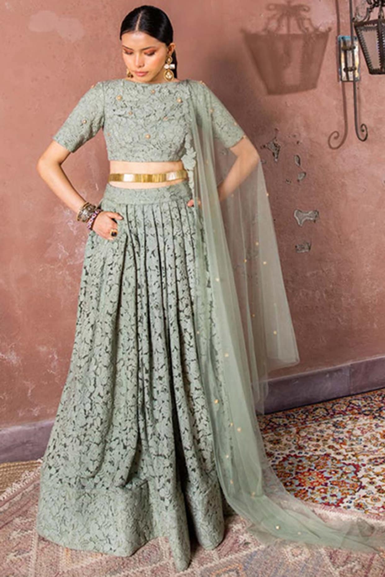 Sage Green Tulle & Silk Embroidered Wedding Lehenga Set by The Little ...