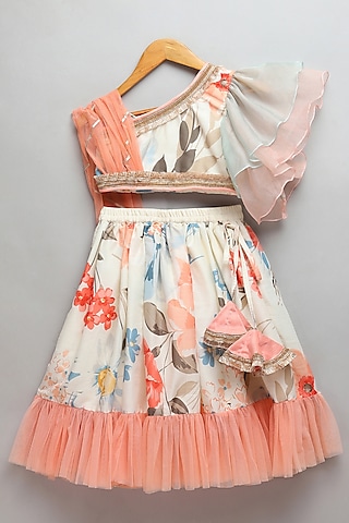 Off-White & Peach Cotton Silk Digital Printed Frilled Lehenga Set For ...