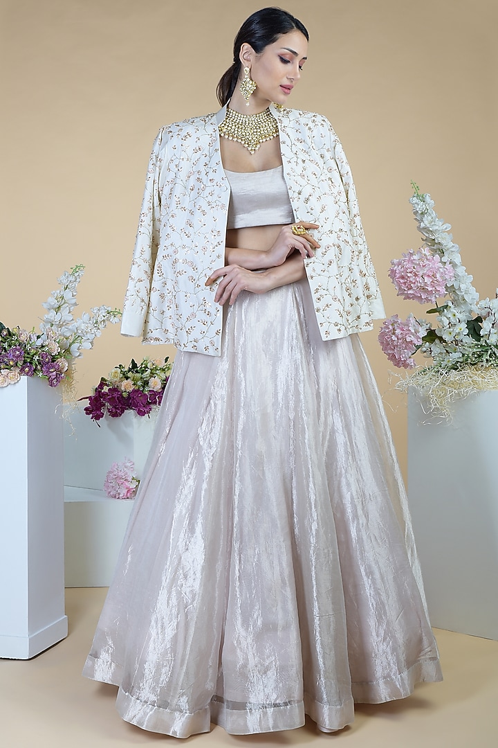 Ivory Hand Embroidered Jacket Wedding Lehenga Set by Talking Threads at ...