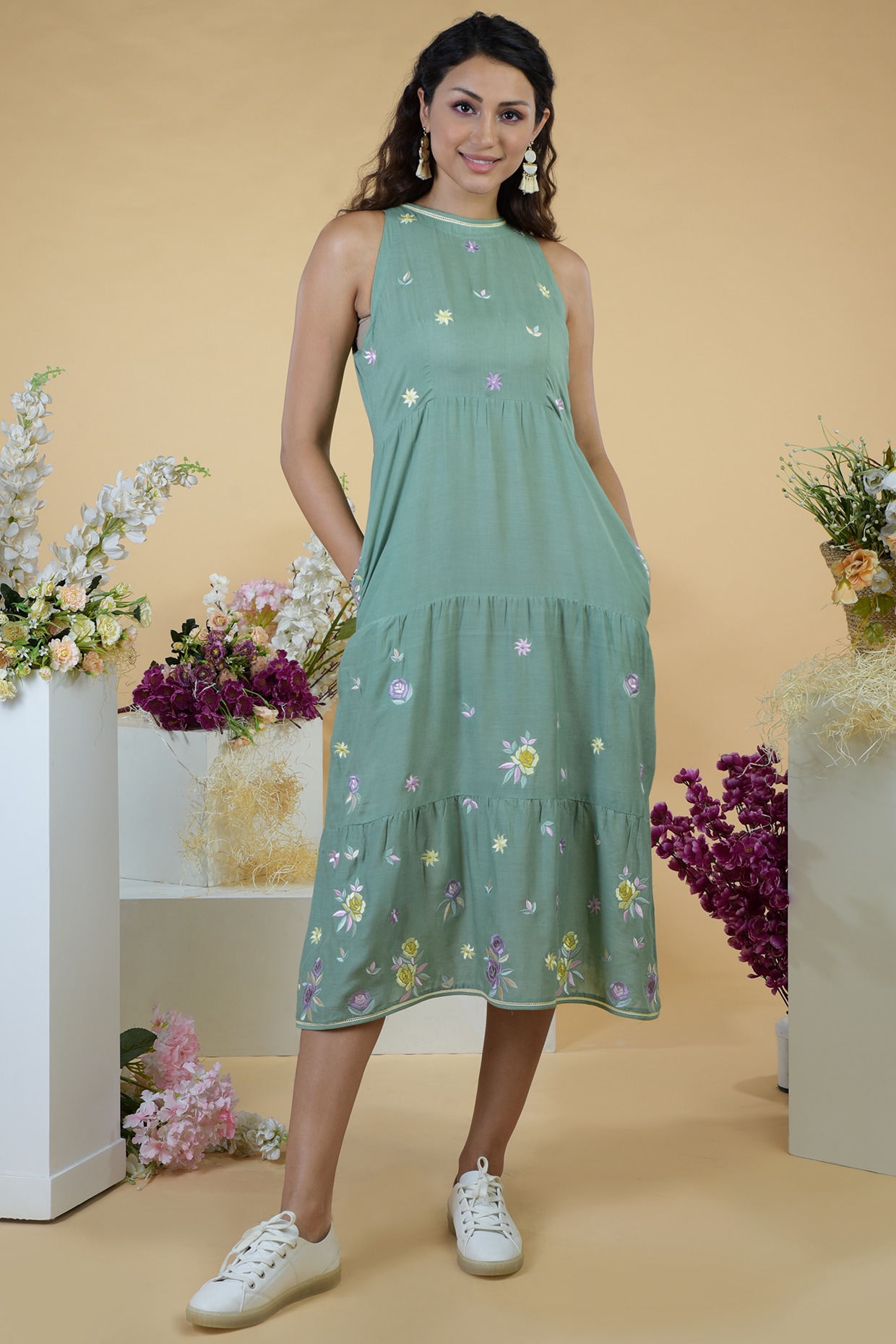 Green Embroidered Tiered Dress by Talking Threads at Pernia's Pop Up ...