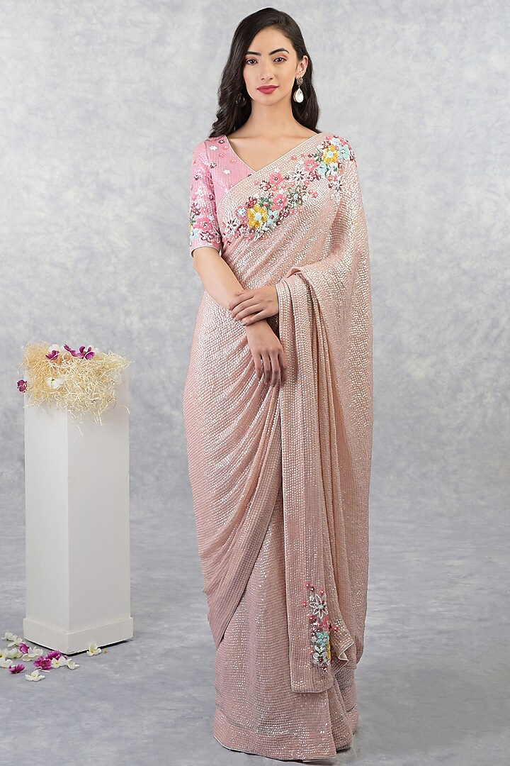 Champagne Pink Embroidered Saree Set Design by Talking Threads at ...