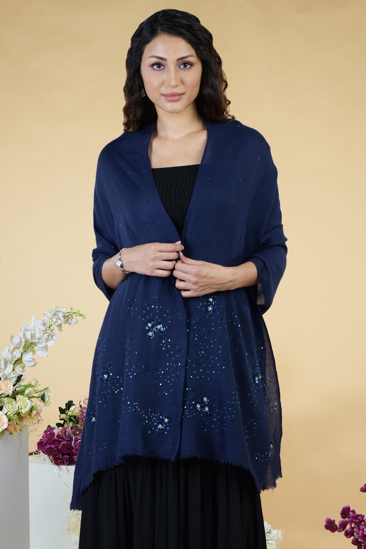 Navy Blue Hand Embroidered Stole by Talking Threads at Pernia's Pop Up ...