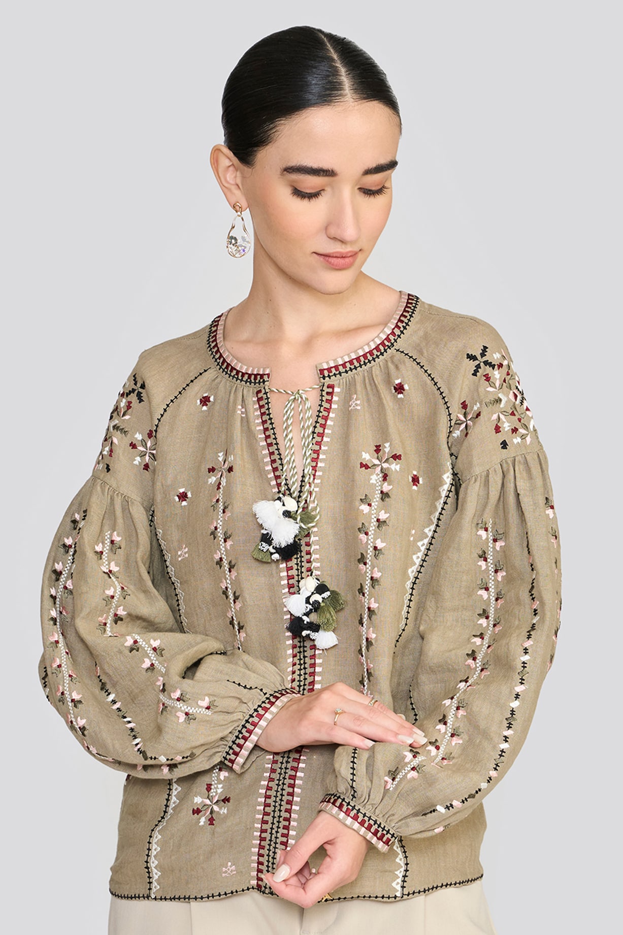 Sage Green Linen Geometric Embroidered Top by talitha at Pernia's Pop ...