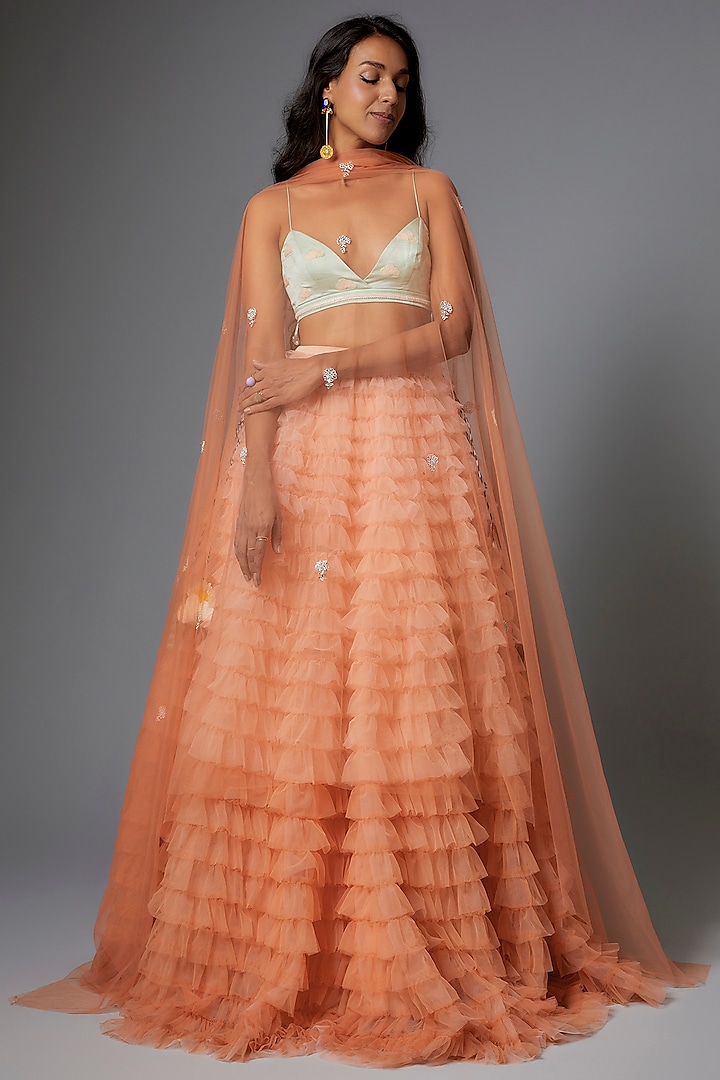 Coral Ombre Tulle Ruffled Wedding Lehenga Set by The little black bow ...
