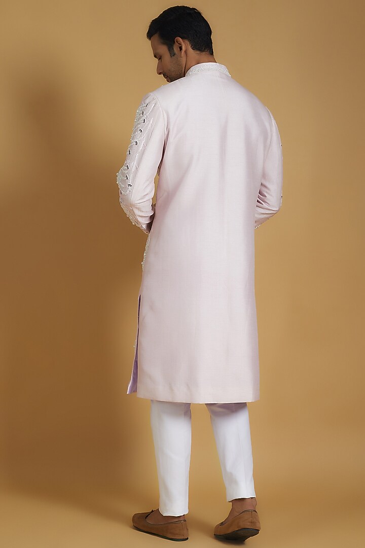 Pastel Pink Linen Silk Pearl Embroidered Groom Sherwani Set by The Man ...