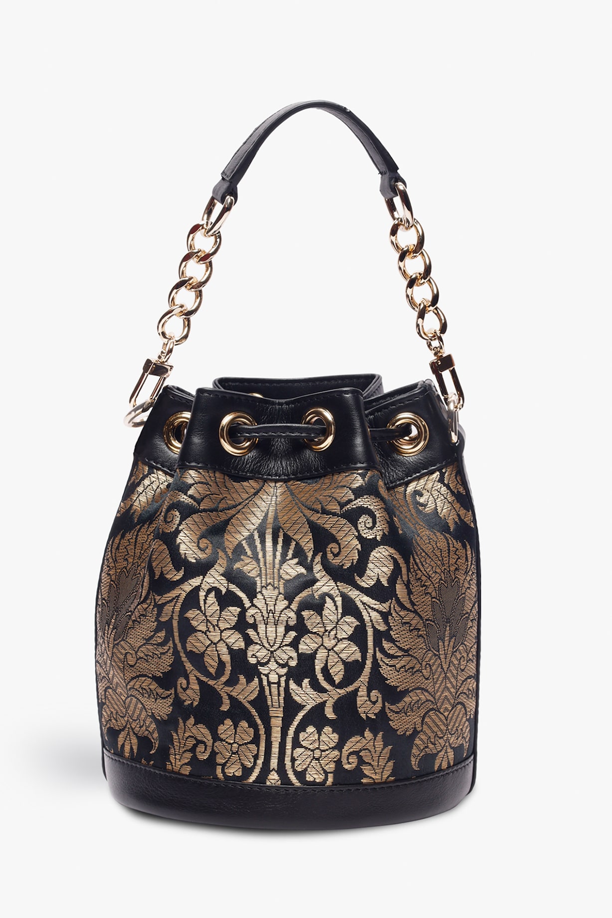 Black Leather & Brocade Bucket Bag by Tan and Loom at Pernia's Pop Up ...