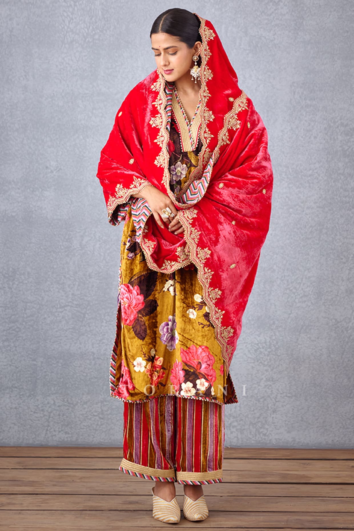 Fiery Pink Velvet Scallop Embroidered Doshala by TORANI at Pernia's Pop ...