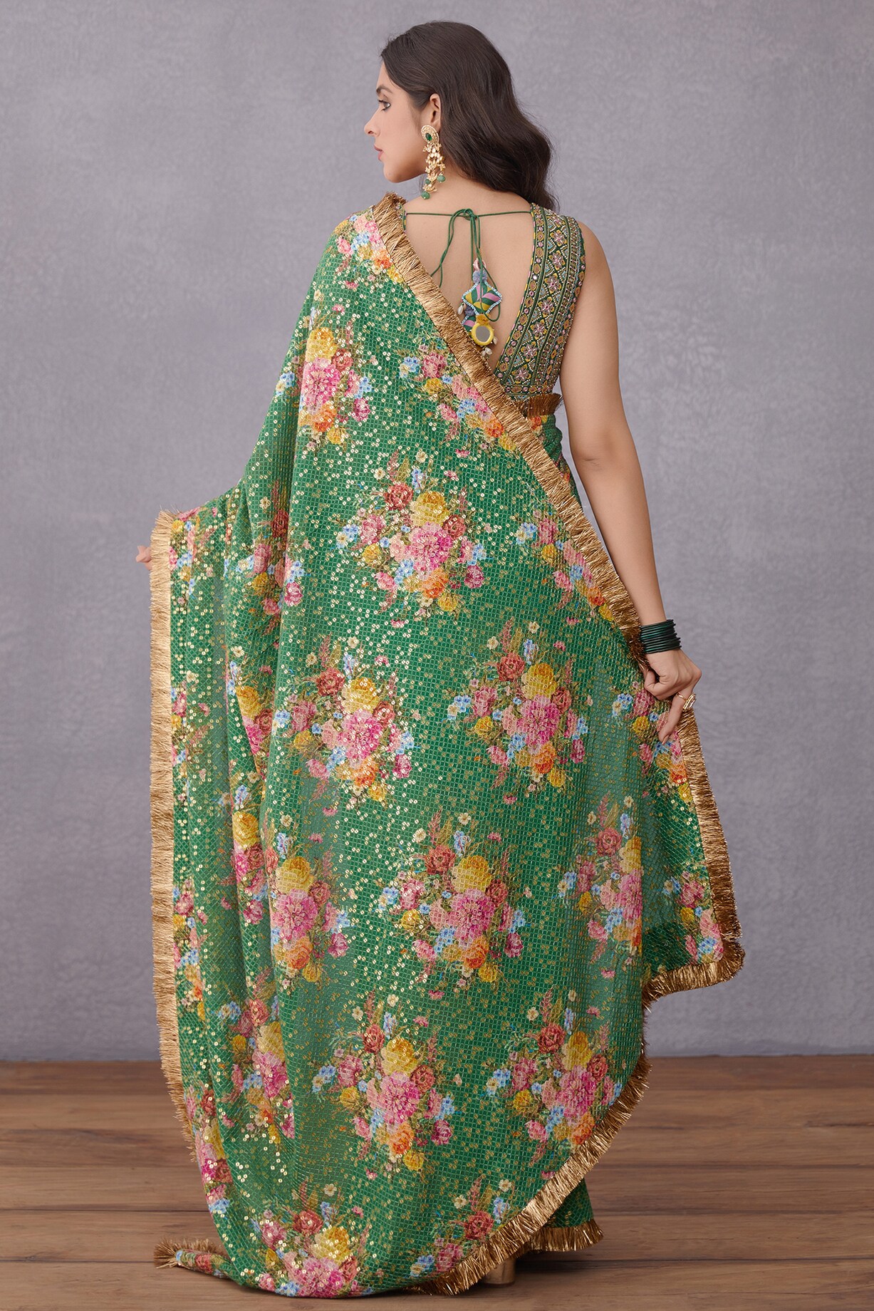 Emerald Green Georgette Printed & Embroidered Saree by TORANI at Pernia ...