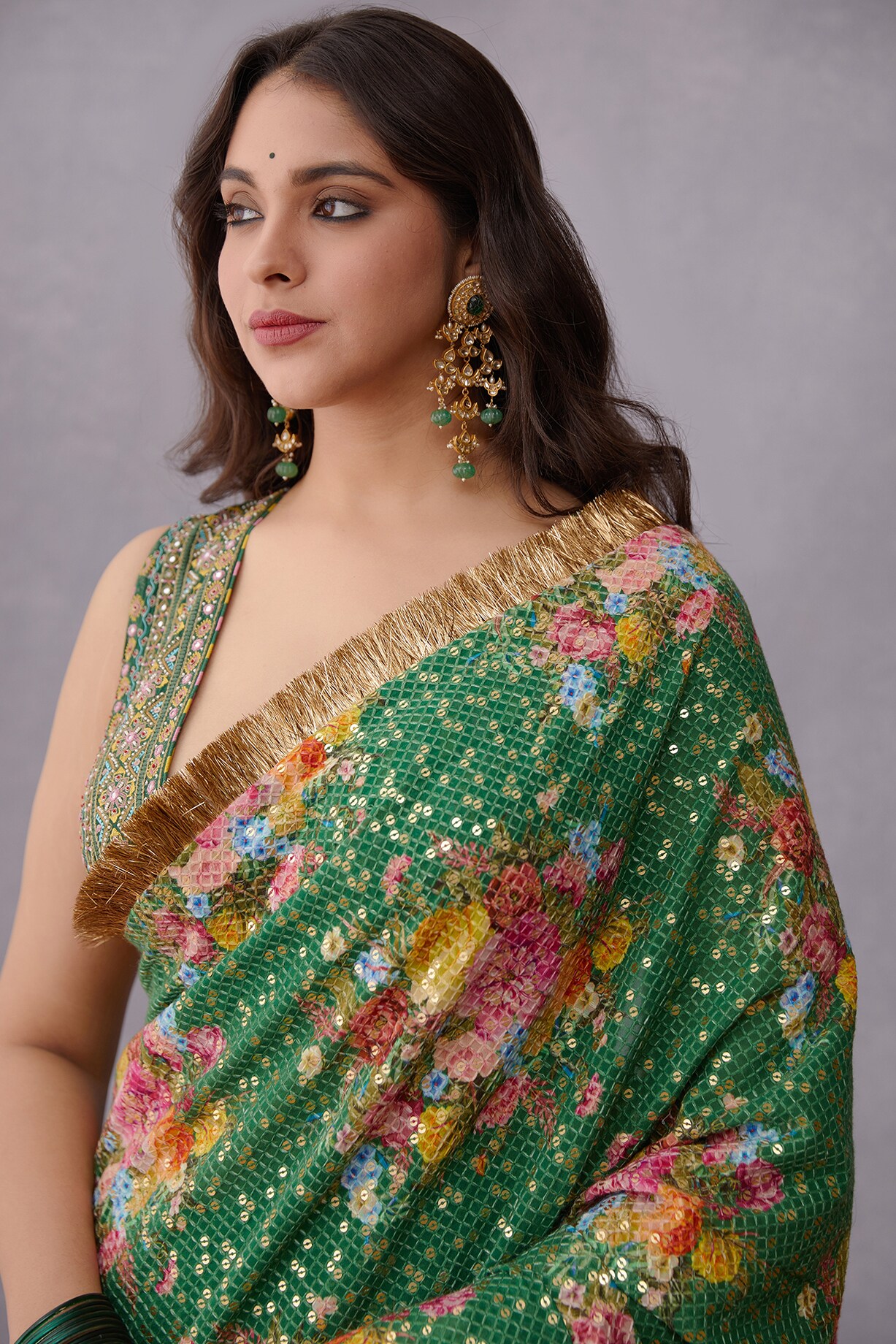 Emerald Green Georgette Printed & Embroidered Saree by TORANI at Pernia ...