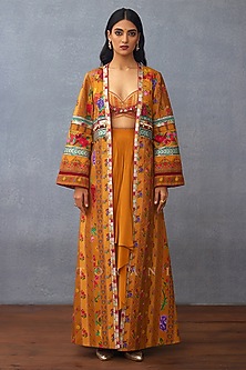 Mustard Cotton Jacquard Digital Printed Jacket Set Design by TORANI at ...