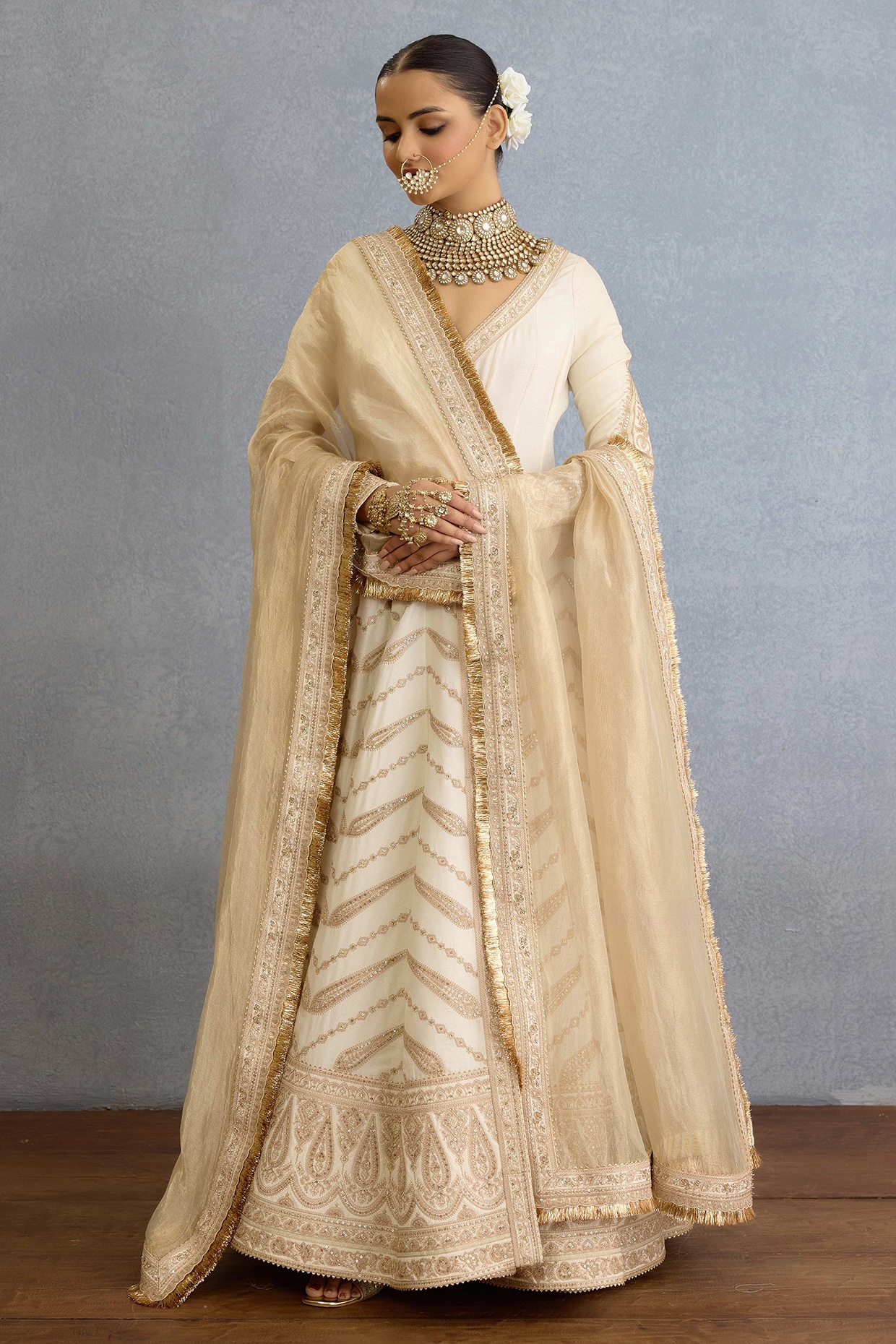 Ivory Muslin Silk Pearl Embellished Anarkali Set by TORANI at Pernia's ...