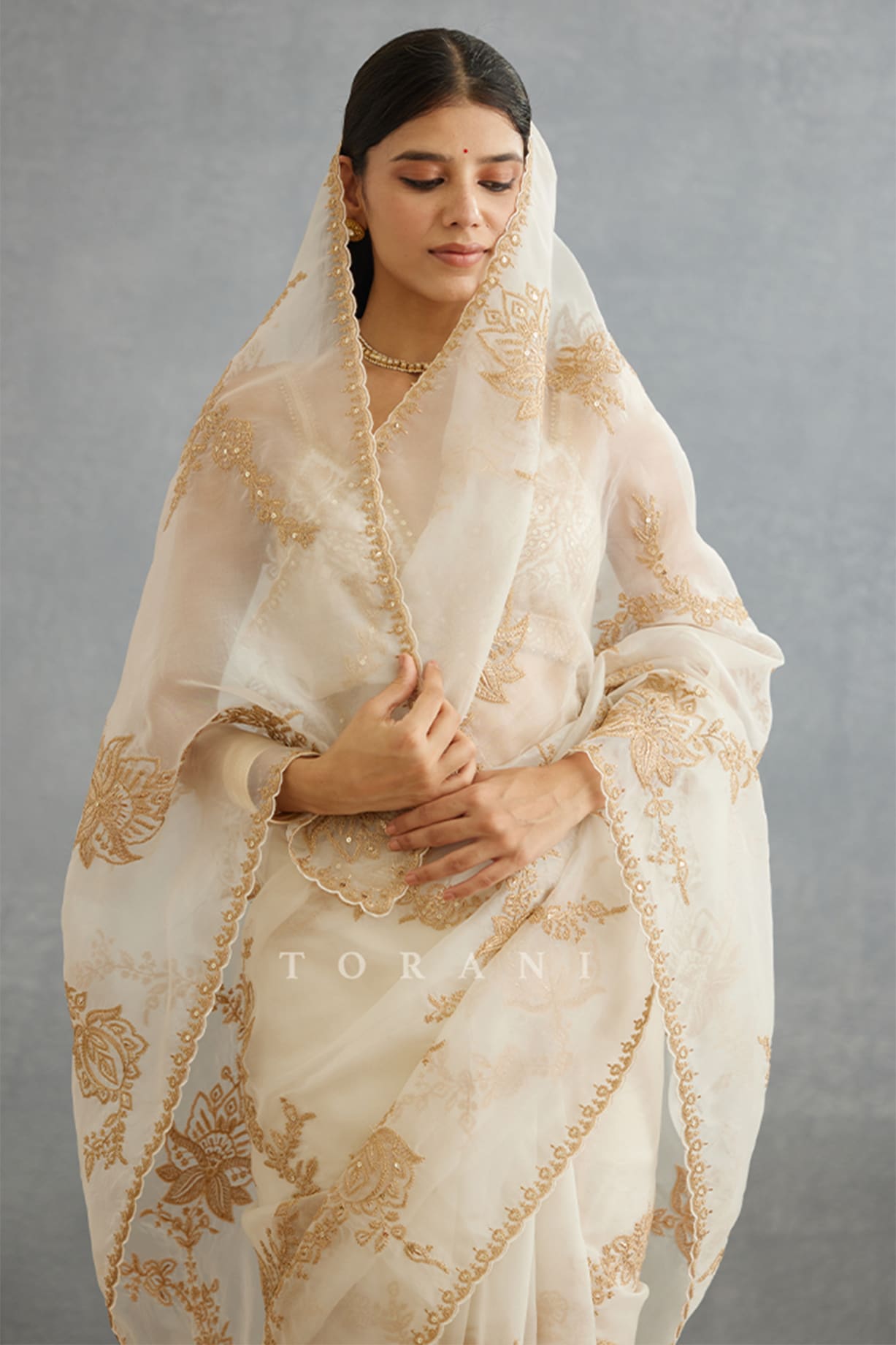 Ivory Silk Organza & Cotton Silk Embroidered Saree by TORANI at Pernia ...