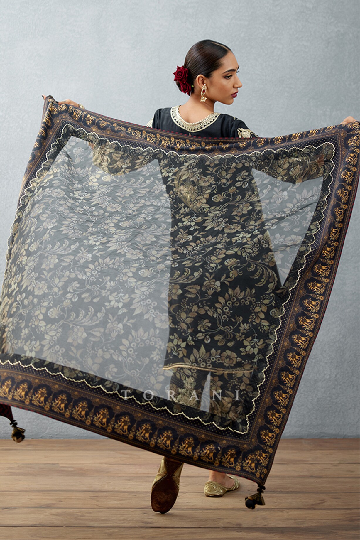 Jet Black Embroidered Scarf by TORANI at Pernia's Pop Up Shop 2026