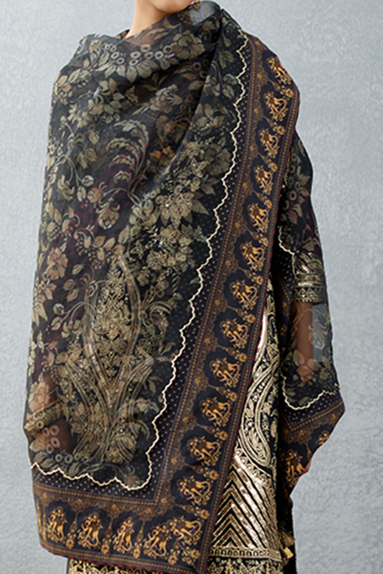 Jet Black Embroidered Scarf by TORANI at Pernia's Pop Up Shop 2026