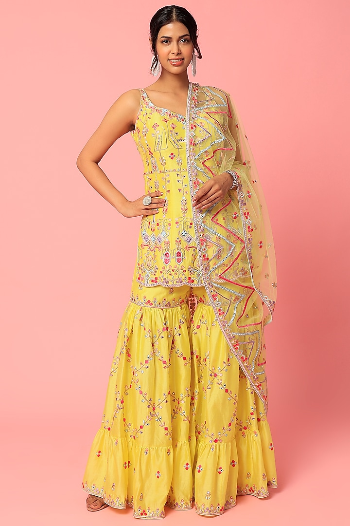 Yellow Chanderi Silk Mirror & Gota Embroidered Gharara Set by Tamanna ...