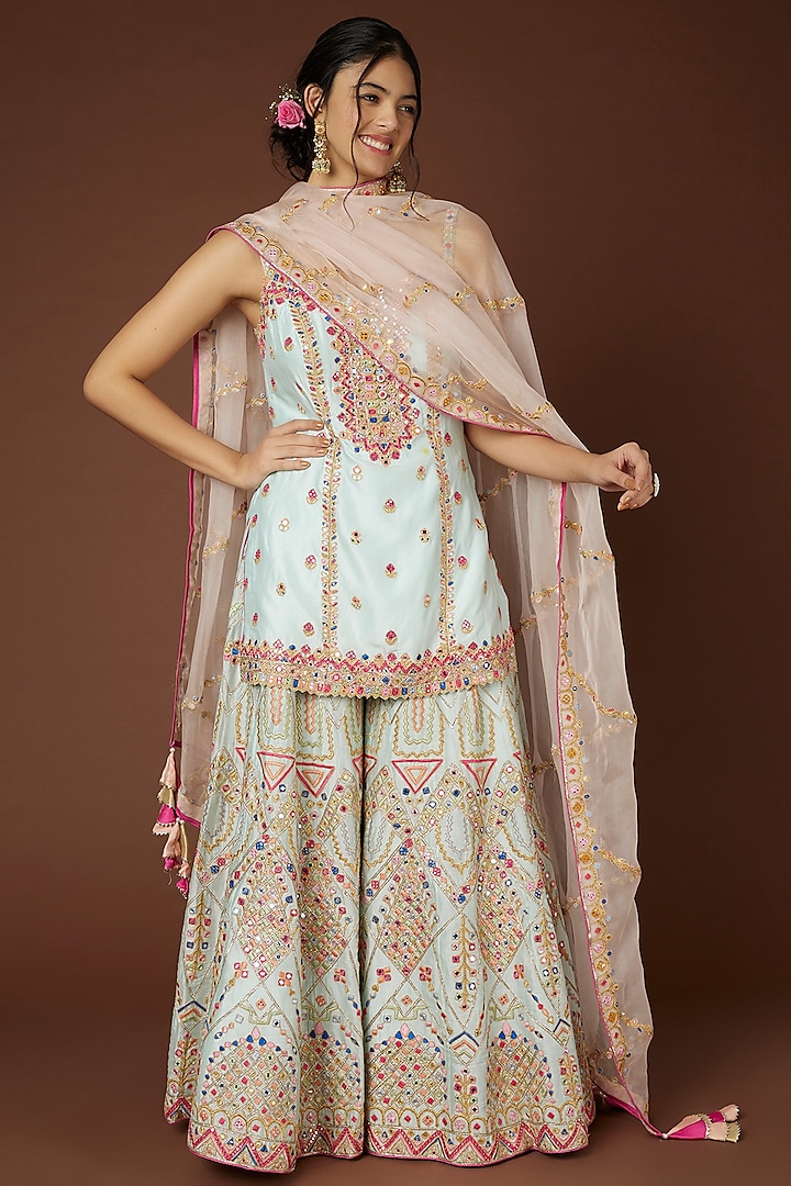 Mint Green Chanderi Silk Gharara Set Design by Tamanna Punjabi Kapoor ...