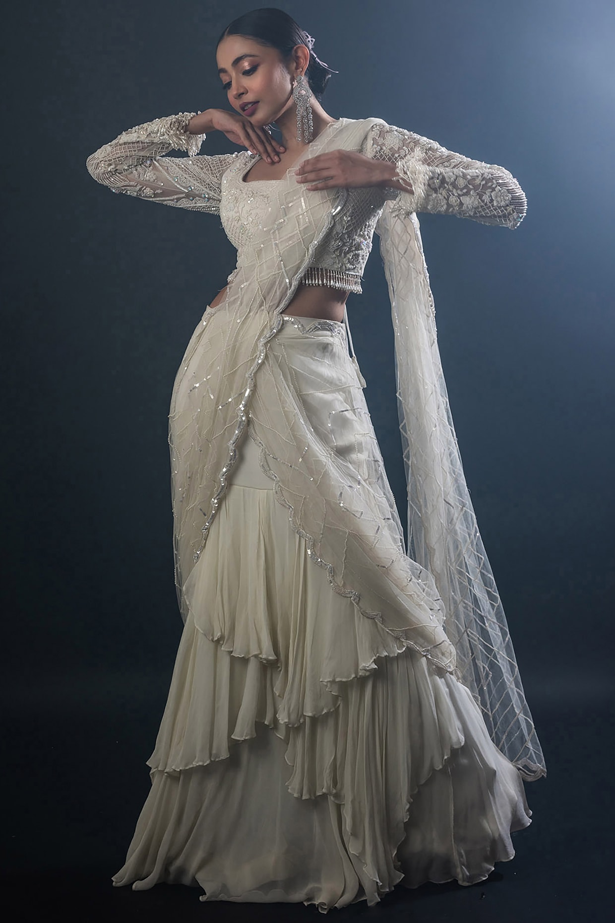 Off-White Organza Georgette & Net Pre-Draped Frilled Saree Set by The ...