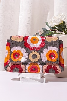 Multi-Colored Raw Silk Hand Embroidered Clutch by The Purple Sack at ...