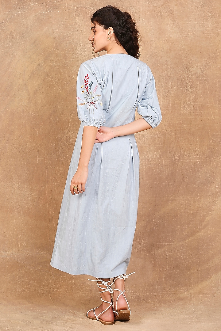 Ice Blue Organic Cotton Floral Embroidered Maxi Dress Design by The ...
