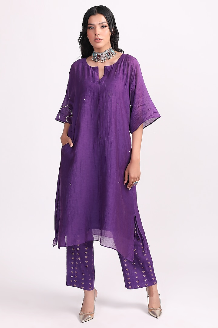 Purple Silk Chanderi Hand Embroidered Co-Ord Set by Trendy Tokari at ...