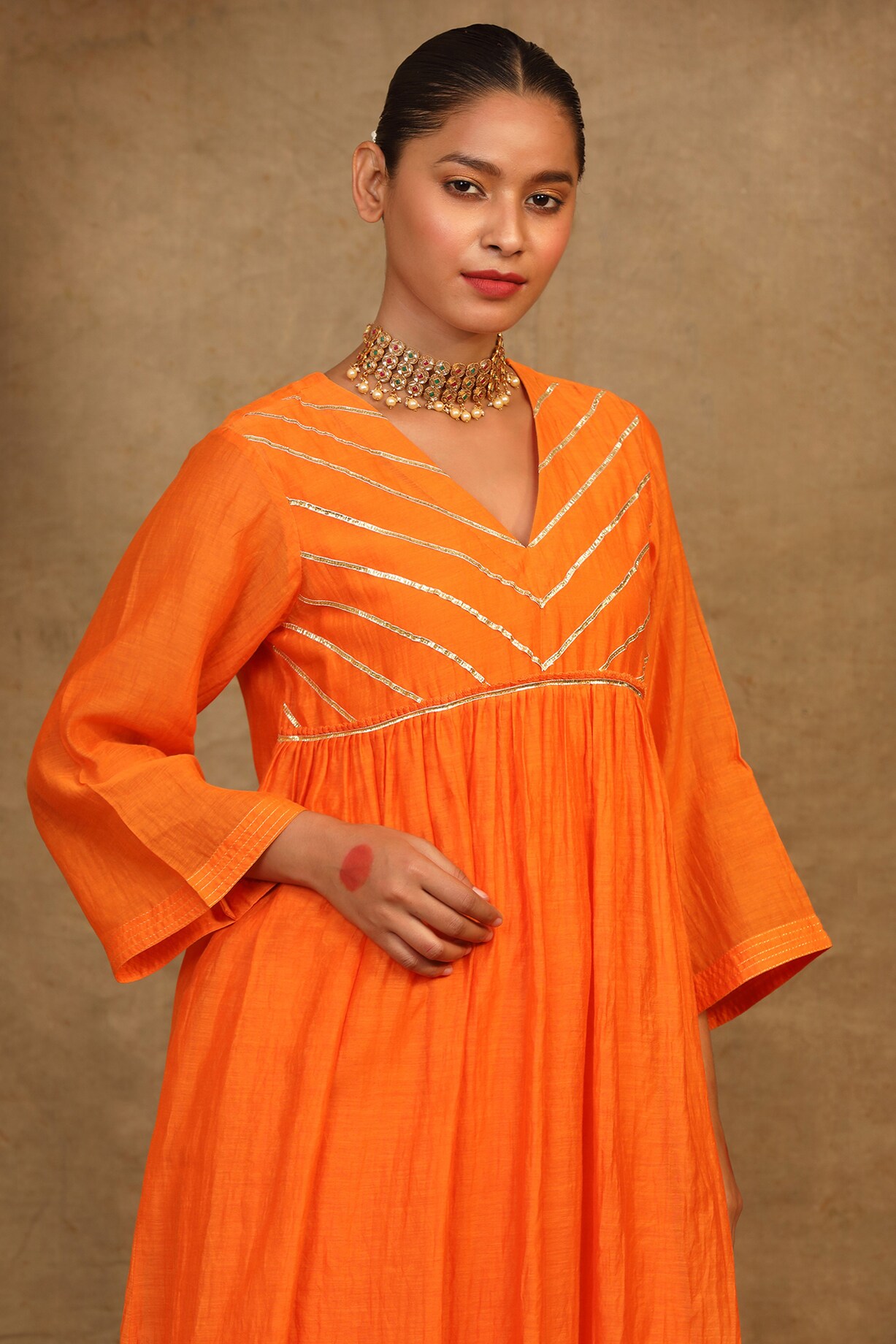 Orange Silk Chanderi Gota Hand Embroidered Kurta Set by Trendy Tokari ...