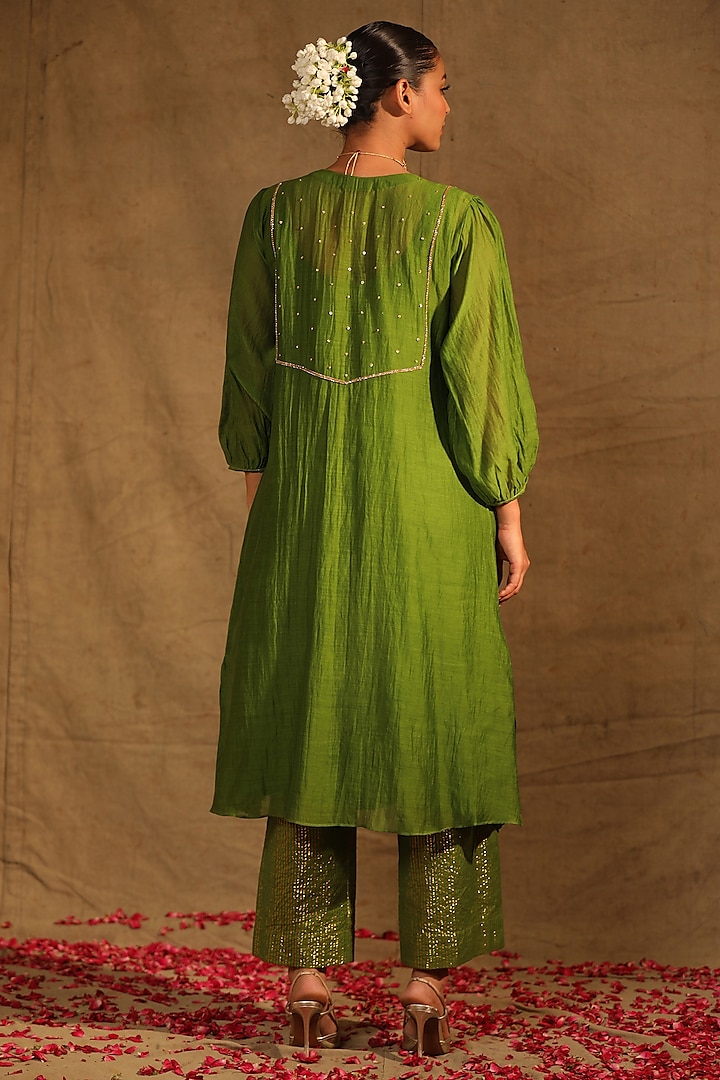 Olive Green Silk Chanderi Hand Embroidered Kurta Set by Trendy Tokari ...