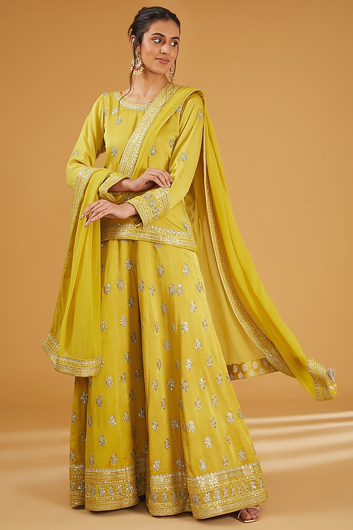 Dusty Mustard Silk Satin Sequins Embroidered Sharara Set by Trisvaraa ...