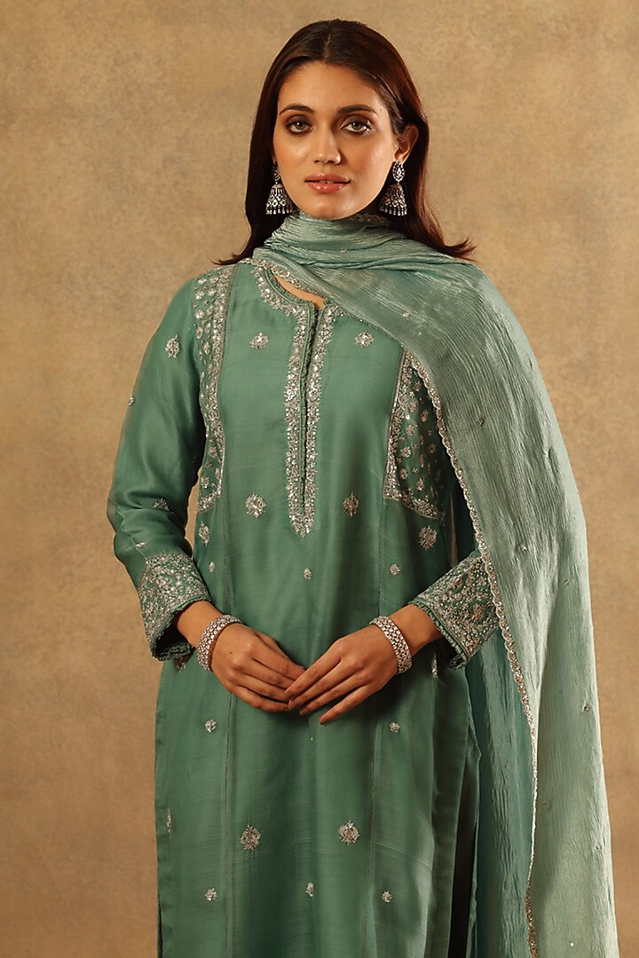 Turquoise Blue Handwoven Katan Silk Embroidered Kurta Set by Trisvaraa ...