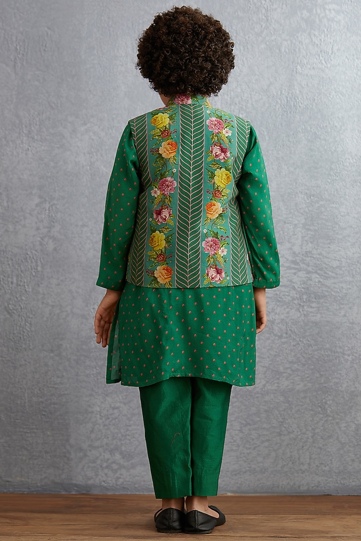 Emerald Green Kurta Set With Floral Printed Bandi Jacket by Torani Kids ...