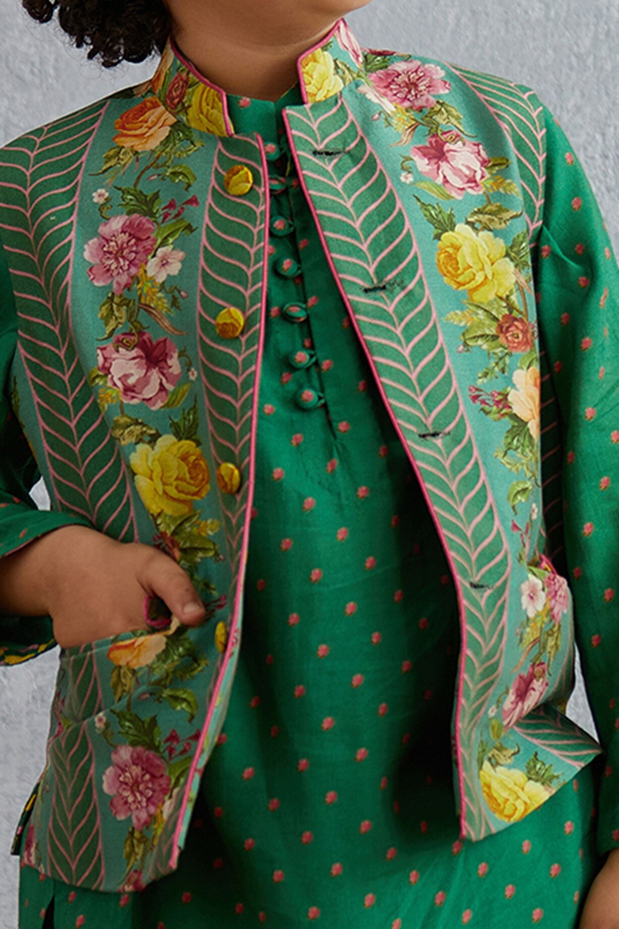 Emerald Green Kurta Set With Floral Printed Bandi Jacket by Torani Kids ...